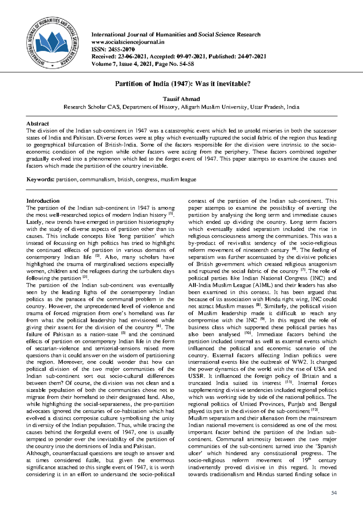 Partition of India (1947): An Inevitable Historical Analysis - IJHSSR 7 ...