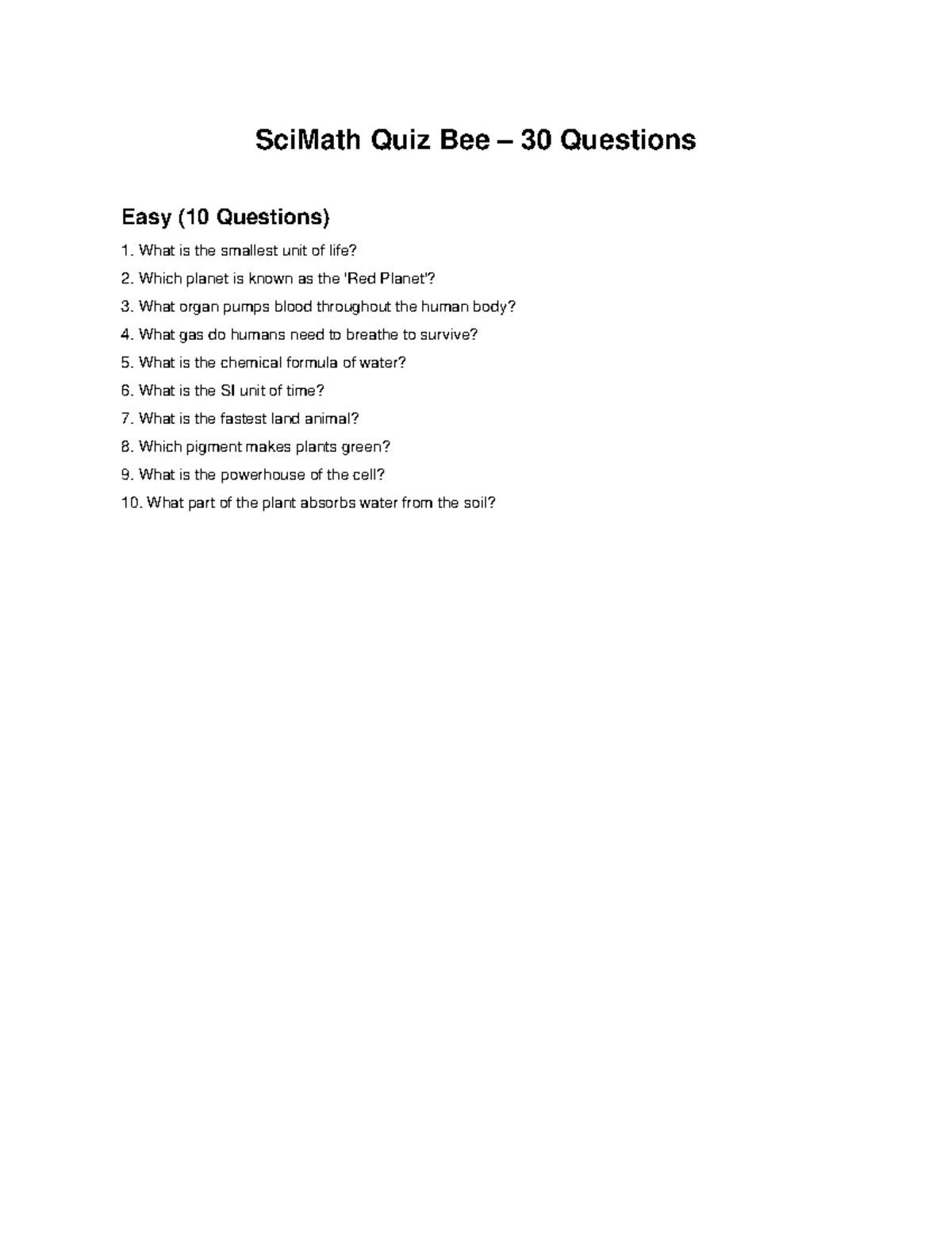 SciMath Quiz Bee 30Q - Practice Questions & Answers - Studocu