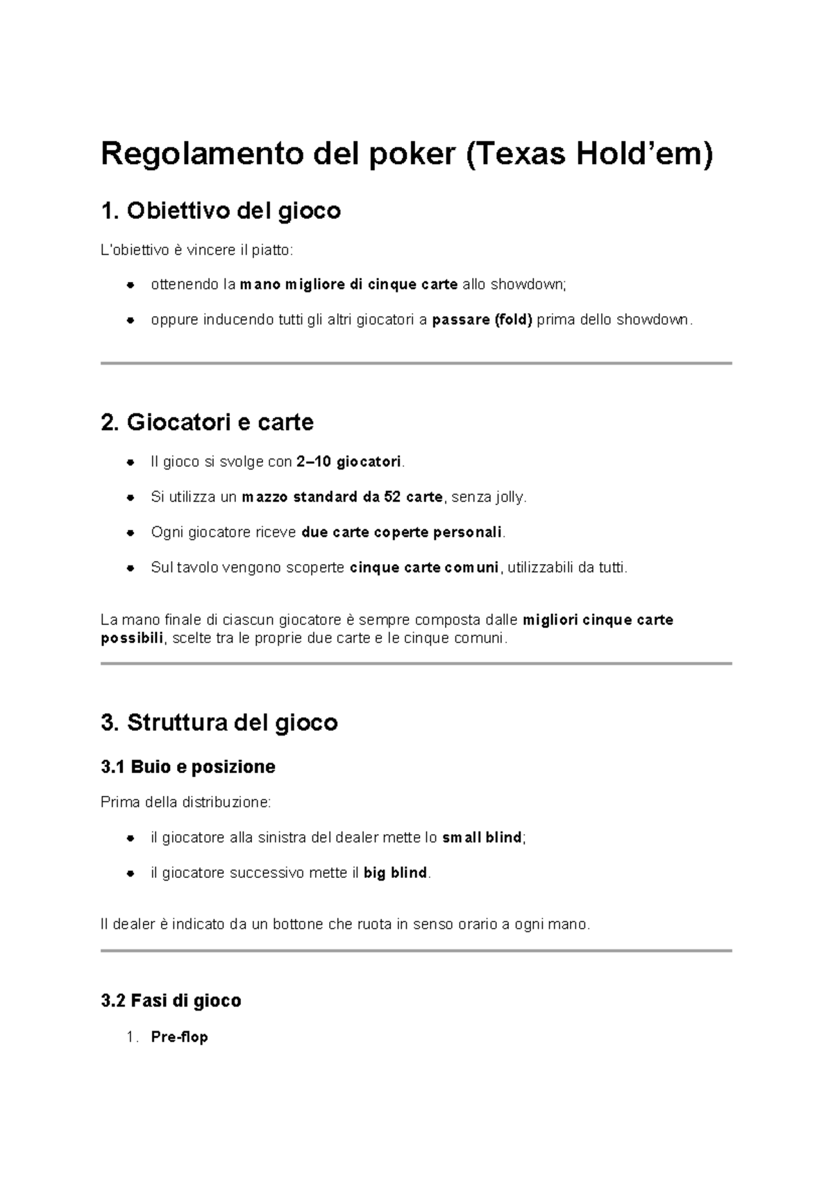 Regolamento del Poker: Obiettivi e Struttura di Gioco - Studocu