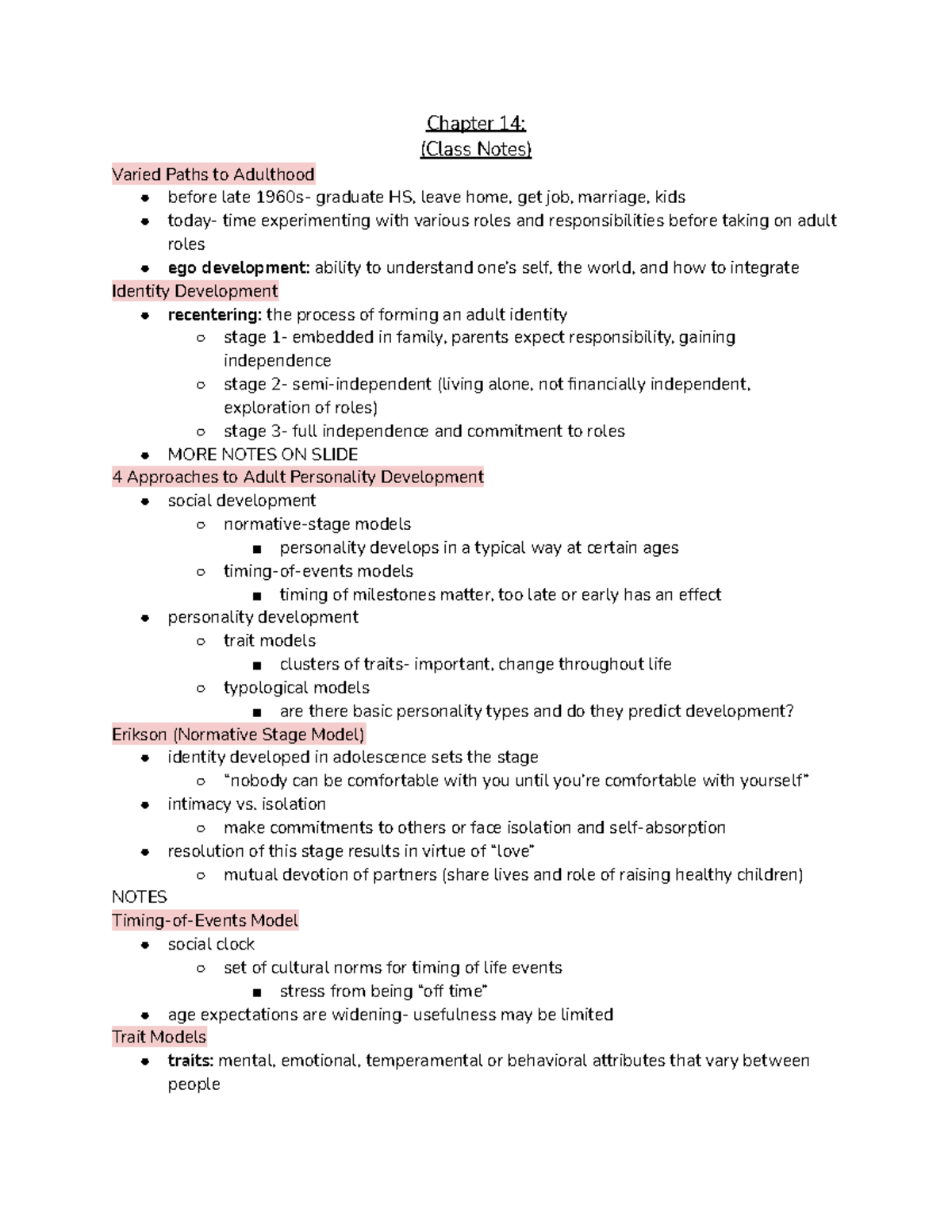 Chapter 14 Notes - Varied Paths to Adulthood in Human Development (HD ...