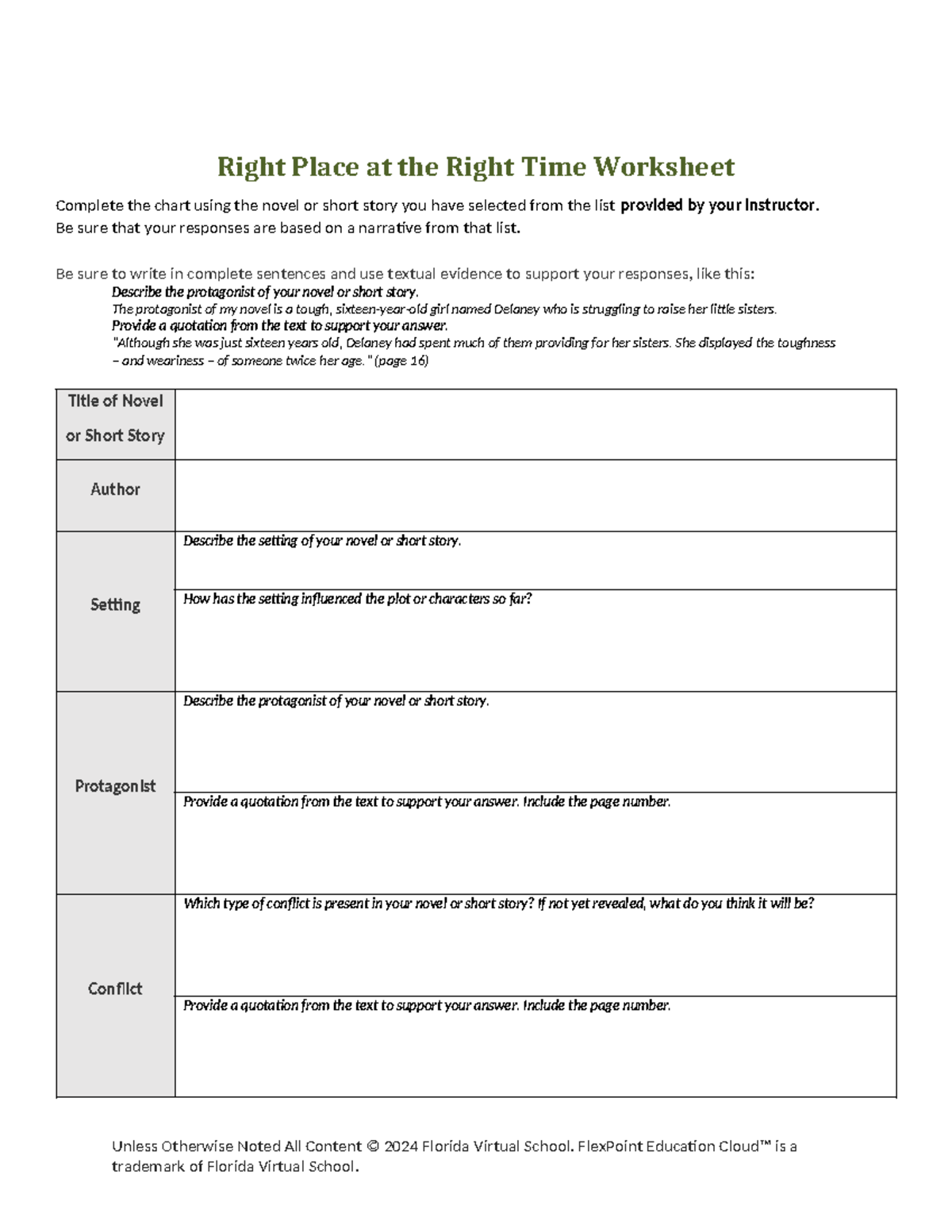 Literary Analysis Worksheet for Narrative Study: Right Place at the ...