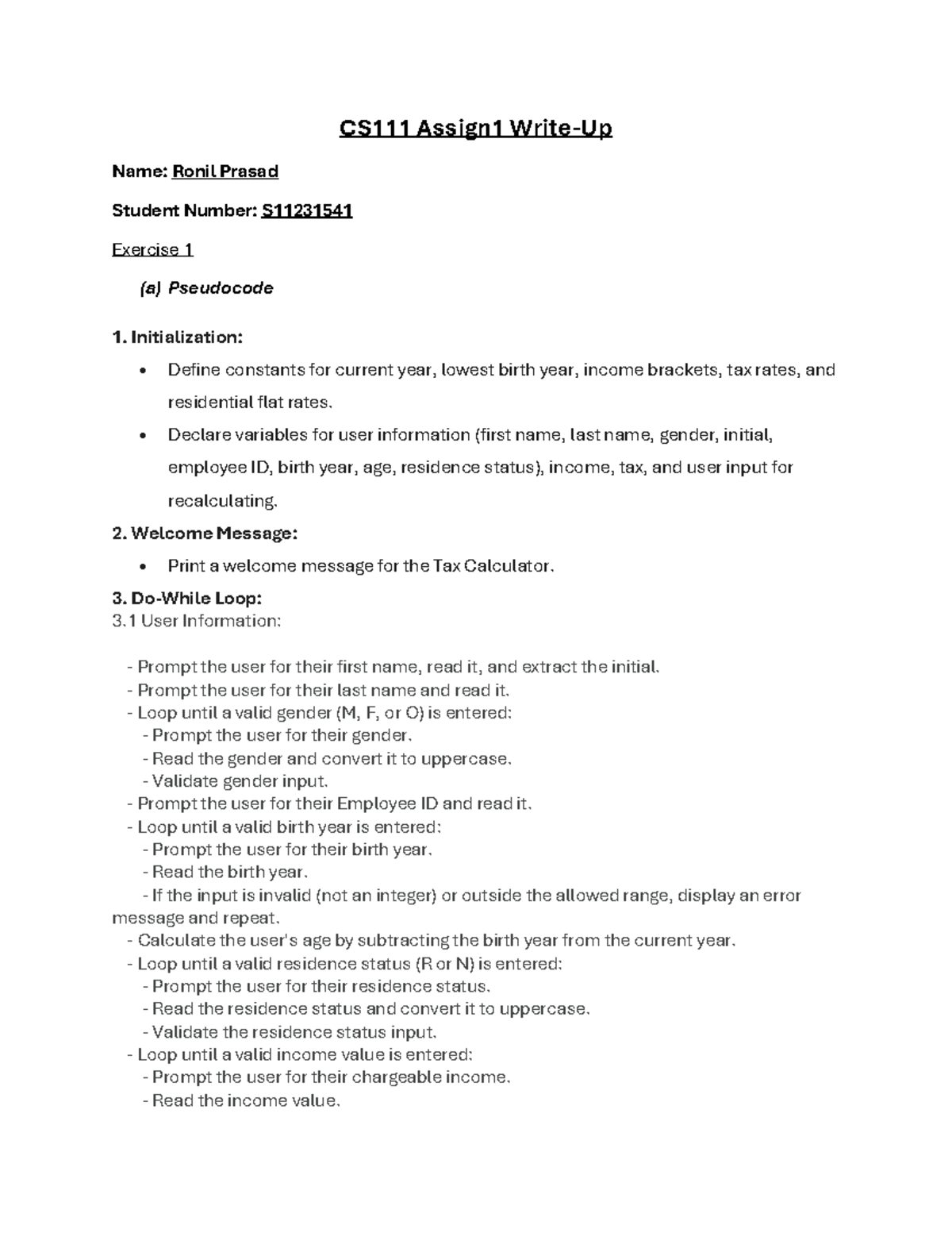 CS111 Assign 1: Tax Calculator Pseudocode and Ethical Considerations - Studocu