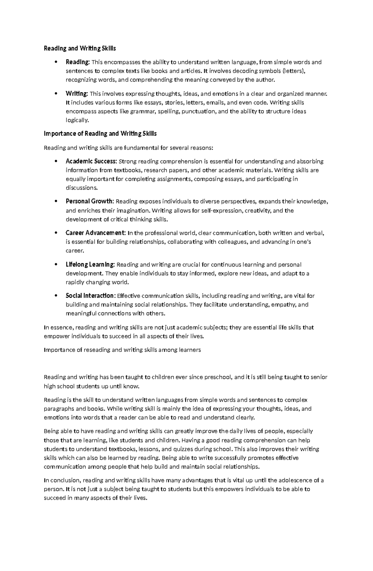 Reading and Writing Skills - It involves decoding symbols (letters ...