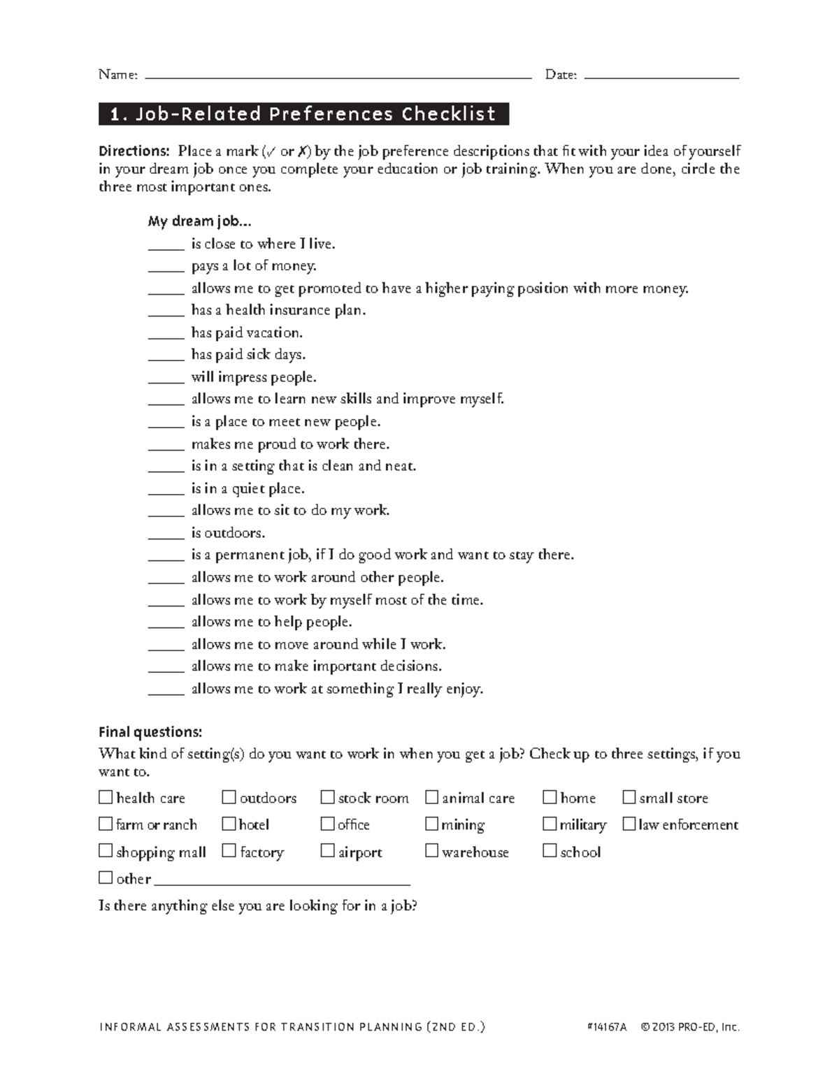 Transition Sample Assessments - Name