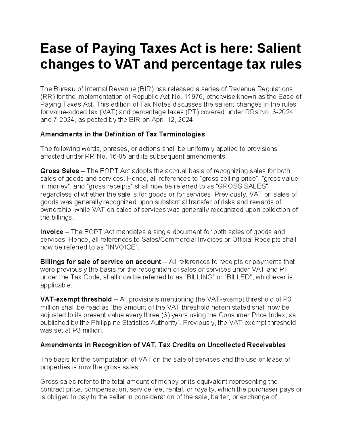 Ease of Paying Taxes Act - 11976, otherwise known as the Ease of Paying ...