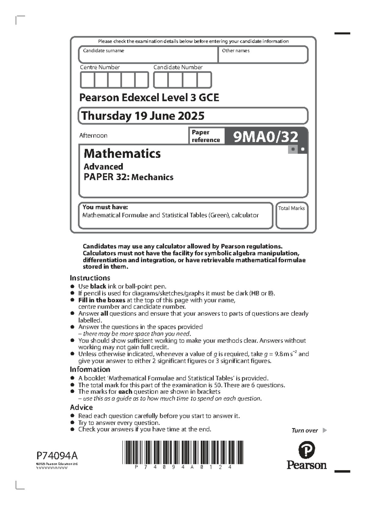 Edexcel Level 3 GCE June 2025 Mechanics Paper 32 Exam Details - Studocu