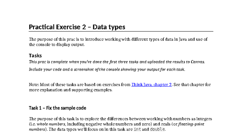 Prac 2 Data Types Exploring Java Data Types And Console Output Studocu