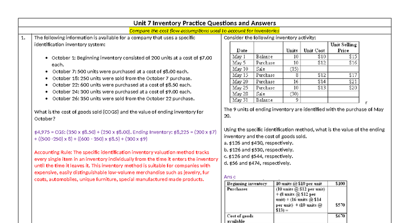 Inventory Questions & Answers: Unit 7 Practice for Cost Flow ...