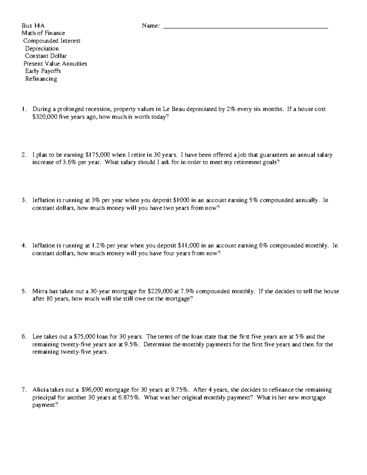 Math of Finance: Compounded Interest and Depreciation Exercises - Bus ...