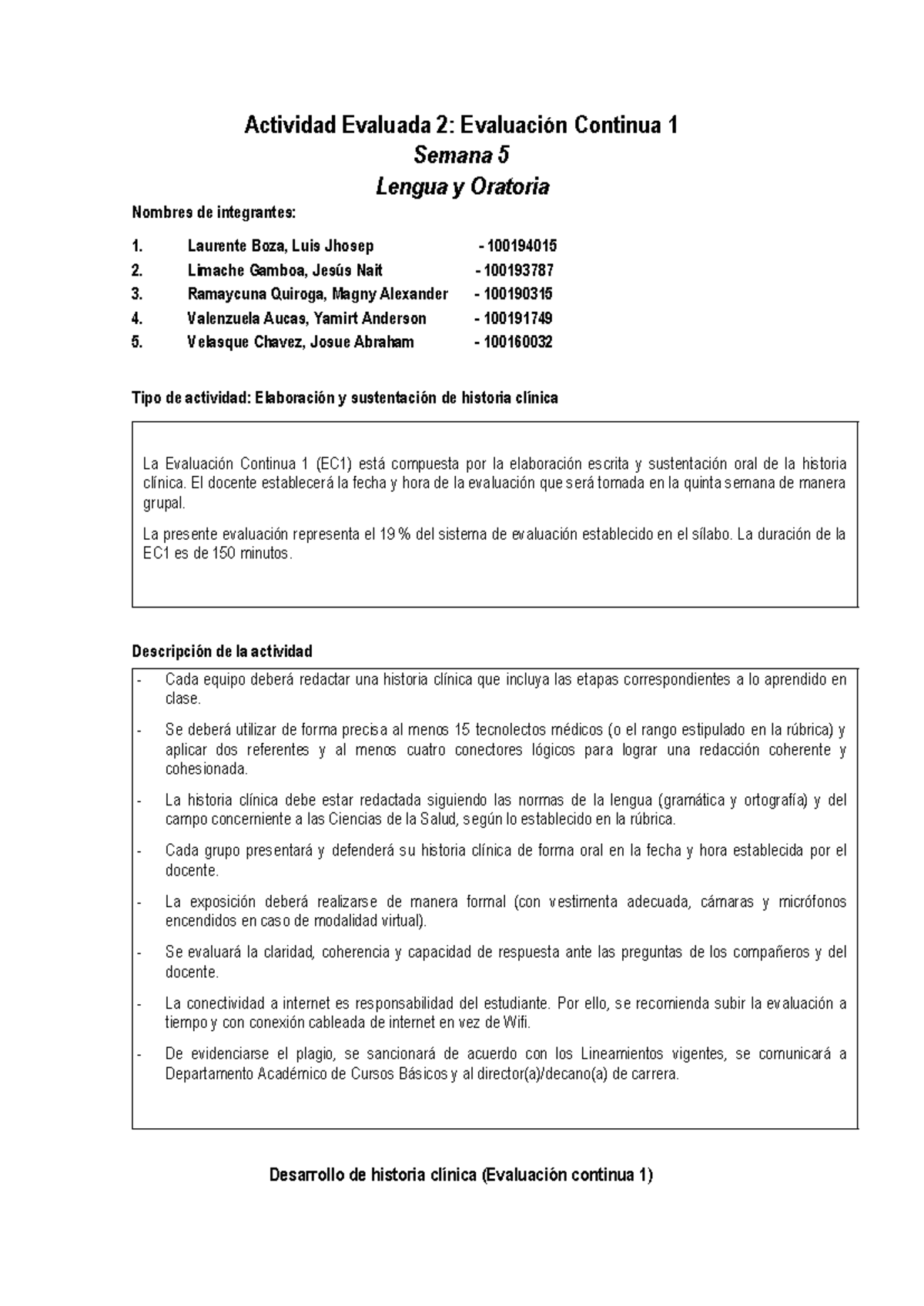 Actividad Evaluada 2: Historia Clínica - Evaluación Continua 1 (Ly O) - Studocu