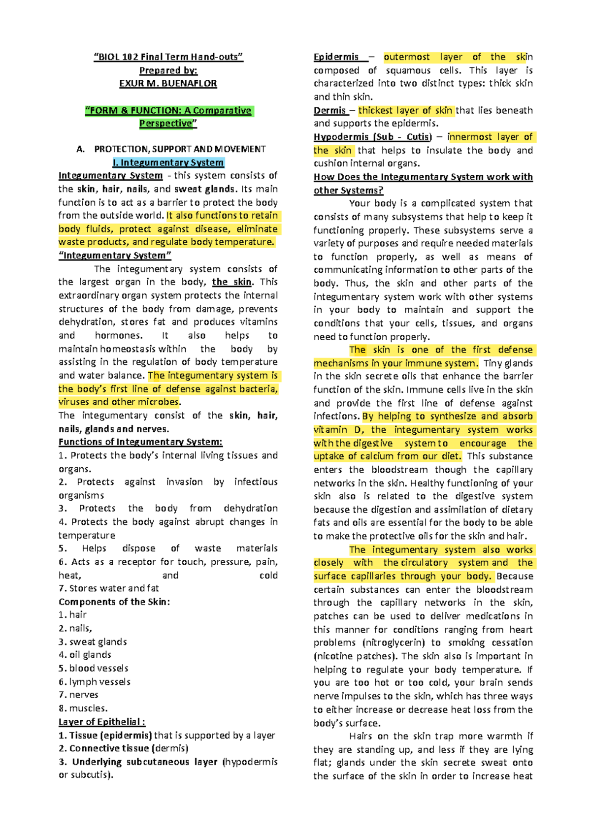 BIOL 102 Final Exam Study Guide: Integumentary, Skeletal, and Muscular ...