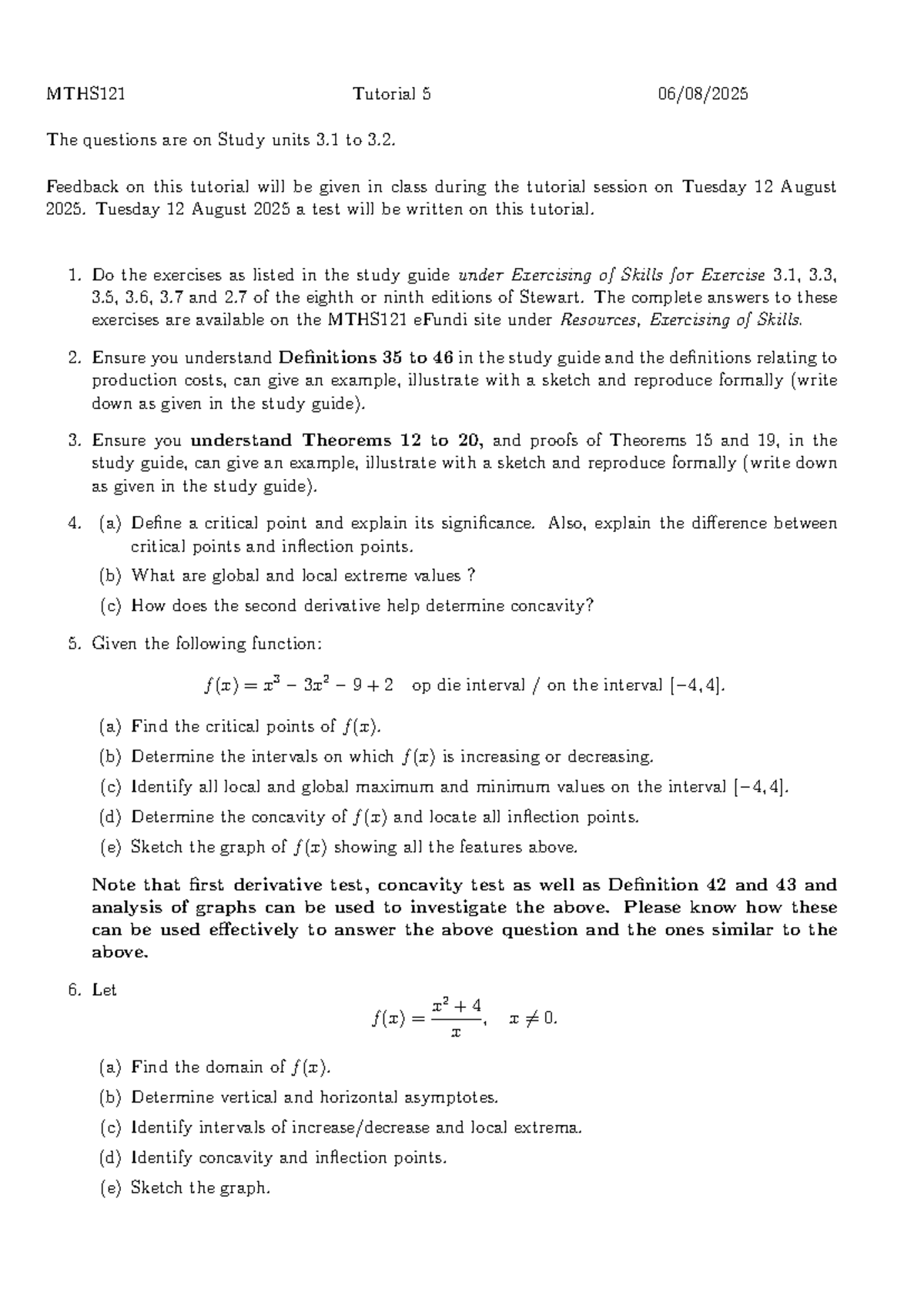 MTHS121 Tutorial 5: Study Units 3.1 to 3.2 Exercises and Feedback - Studocu