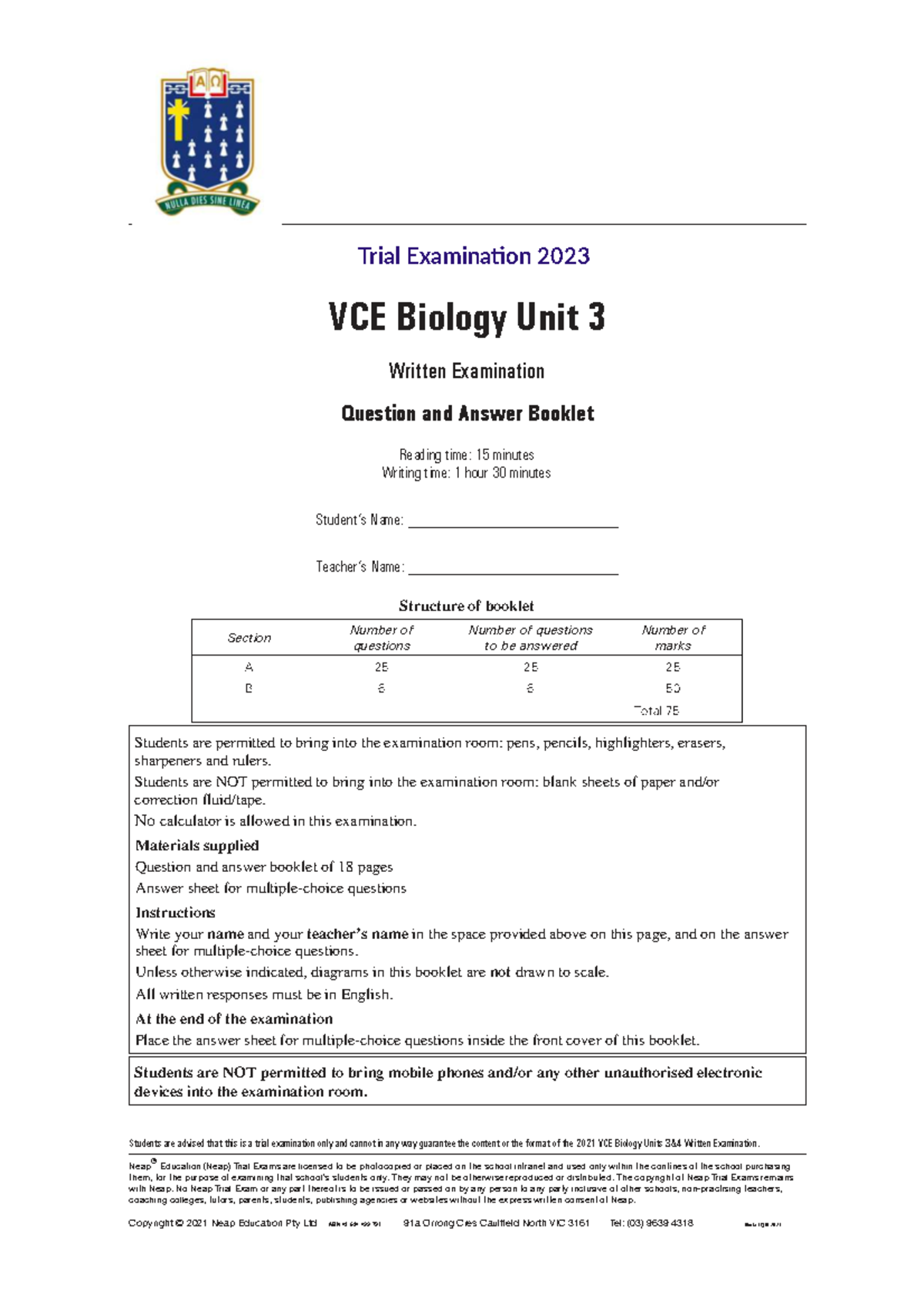 VCE Biology Unit 3 Trial Examination 2021-2023: Question & Answer ...