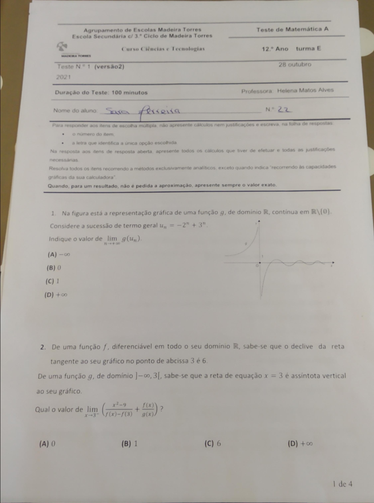Teste N°1 de Matemática A - 12º Ano, 28 de Outubro 2021 - Studocu