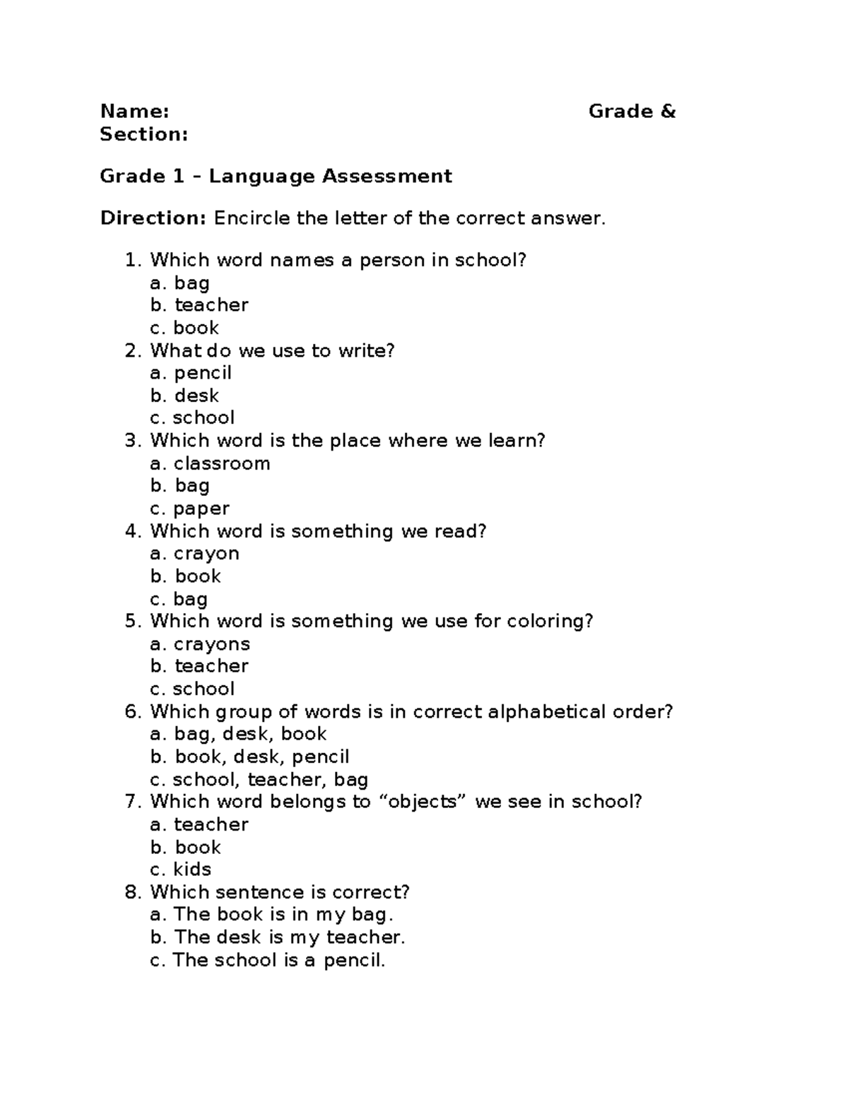 Grade 1 Language Assessment: Correct Answer Guide - Studocu