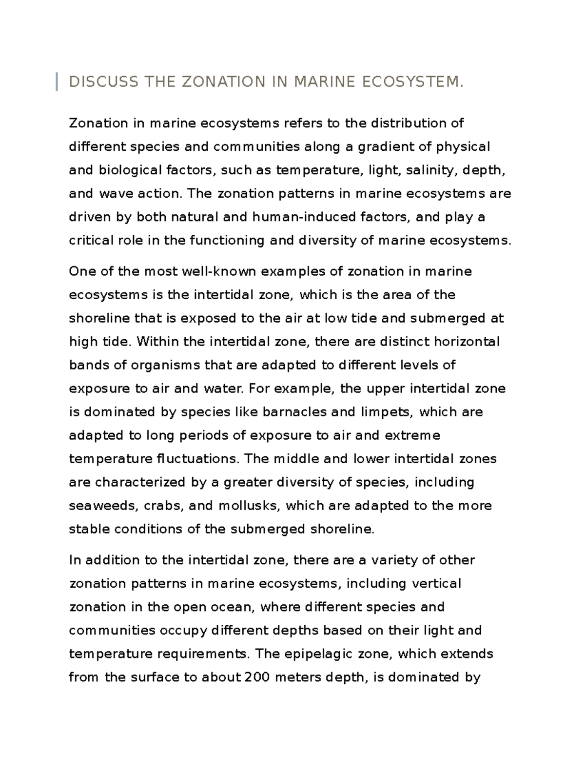 Discuss the zonation in marine ecosystem - DISCUSS THE ZONATION IN ...