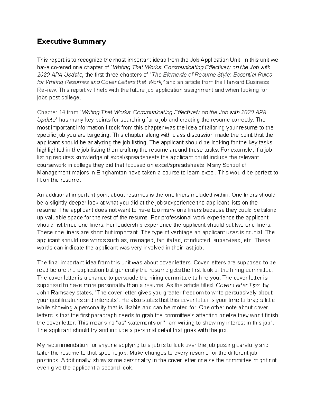 Job Application Unit Executive Summary for BUS 101: Key Insights - Studocu