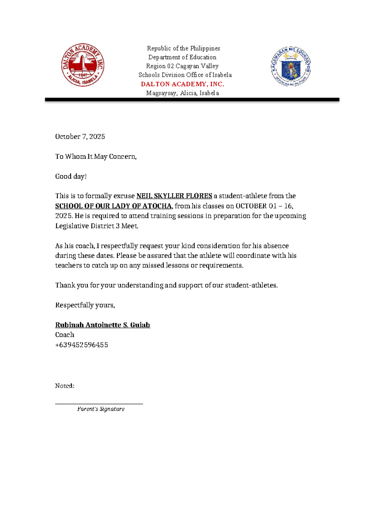 Excuse Letter for Athletes: Legislative District 3 Meet - Studocu