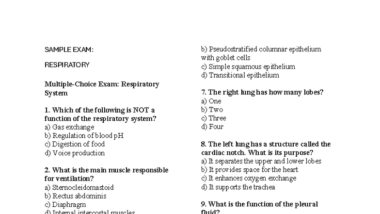 SAMPLE EXAM: RESPIRATORY SYSTEM Overview and Key Concepts - Studocu