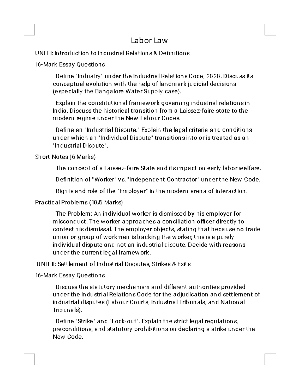 Labor Law U NIT I-V: Comprehensive Notes on Industrial Relations & Wage ...
