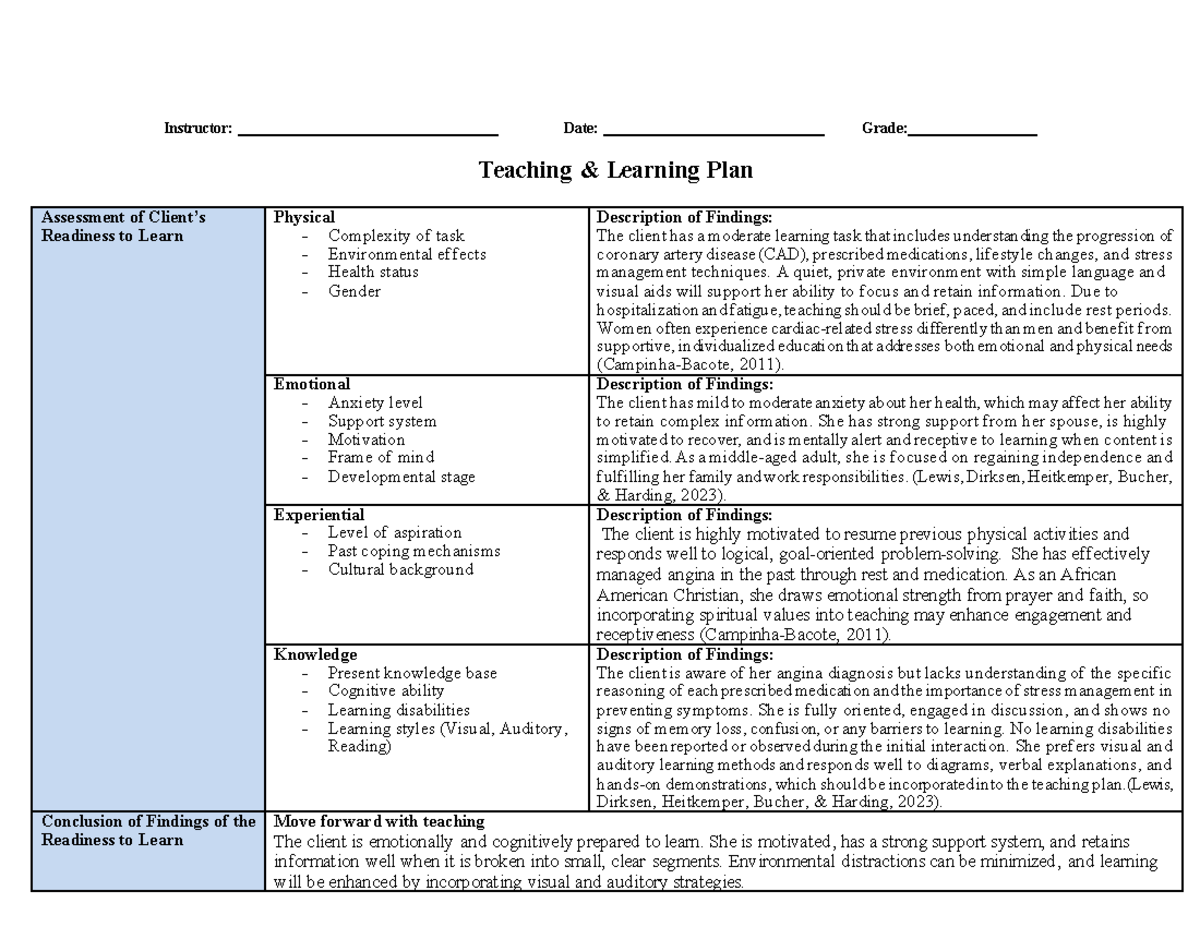 Teaching Plan Sample: Assessment of Readiness to Learn (NURS 101) - Studocu