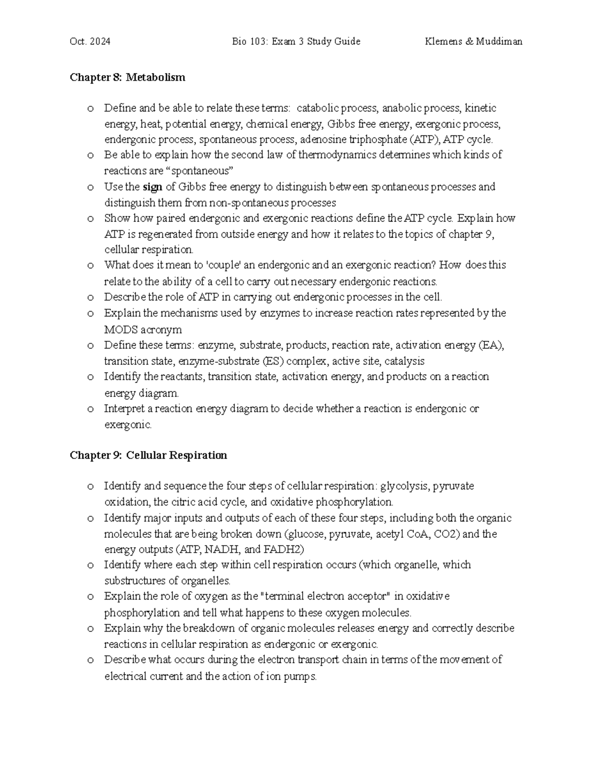 Bio 103: Exam 3 Study Guide on Metabolism, Respiration & Digestion ...