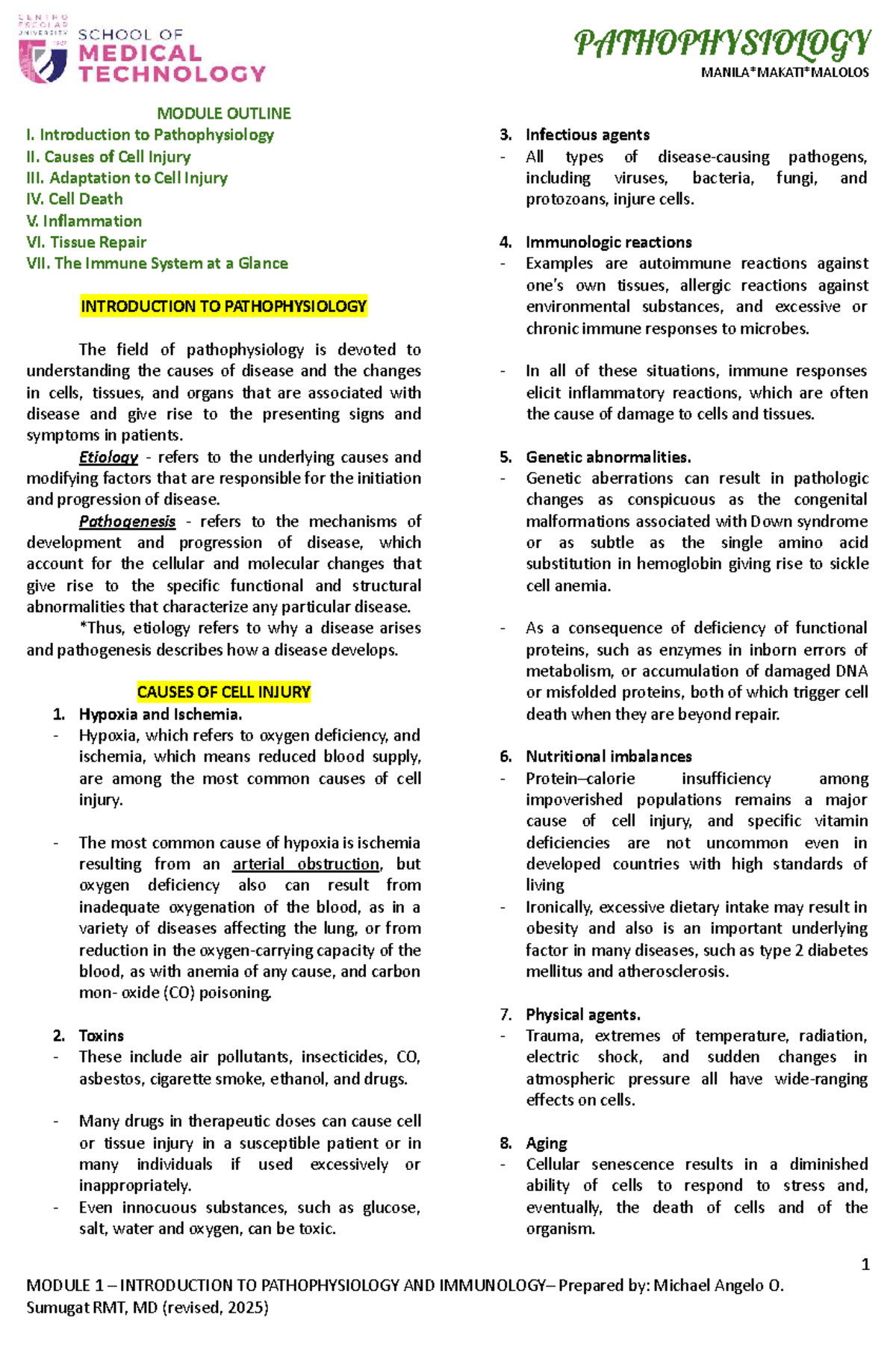 PATHOPHYSIOLOGY MODULE 1: Intro to Pathophysiology & Immunology - Studocu