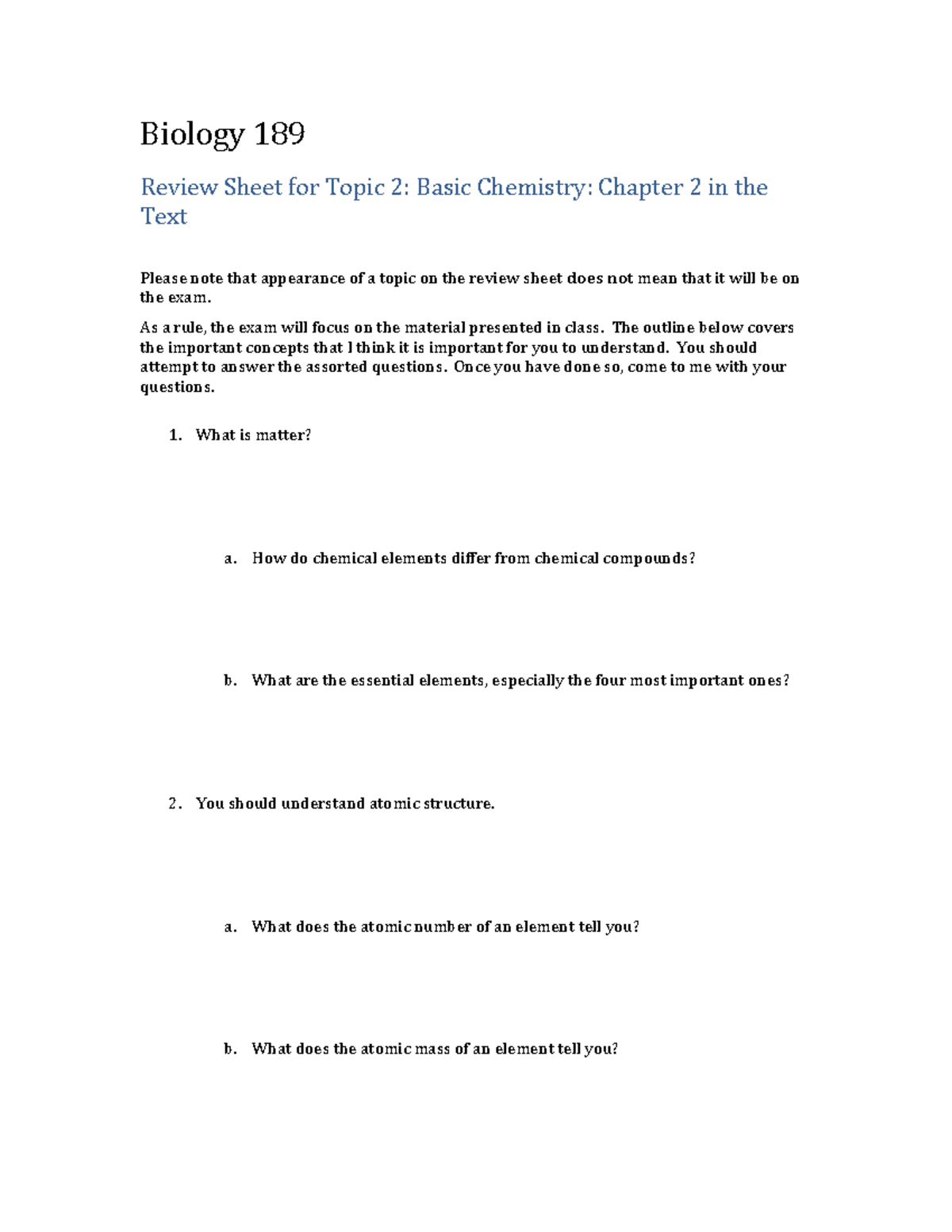 Biology 189 Study Guide: Chapter 2 - Basic Chemistry Review - Studocu