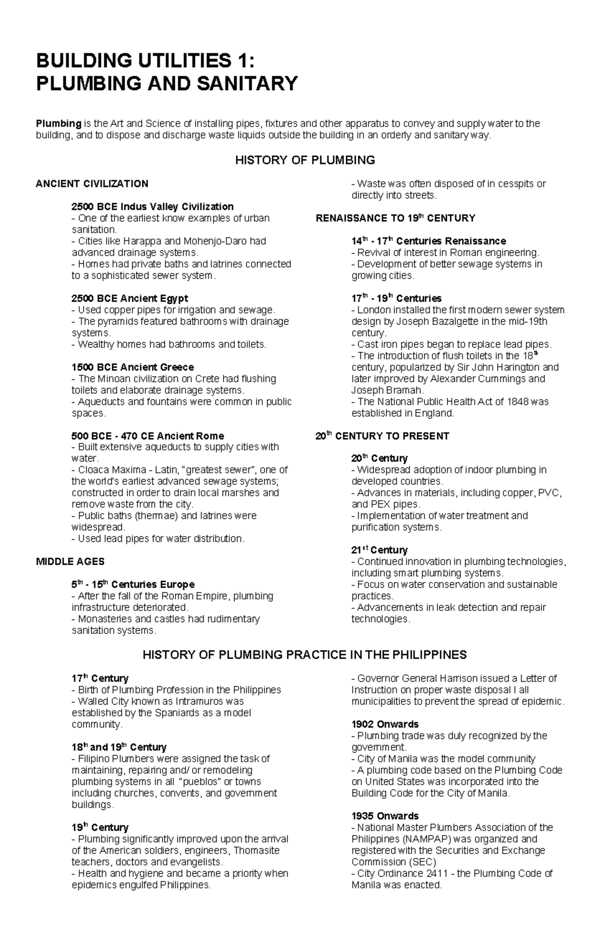 Building Utilities 1 - Plumbings AND Sanitary - BUILDING UTILITIES 1 ...