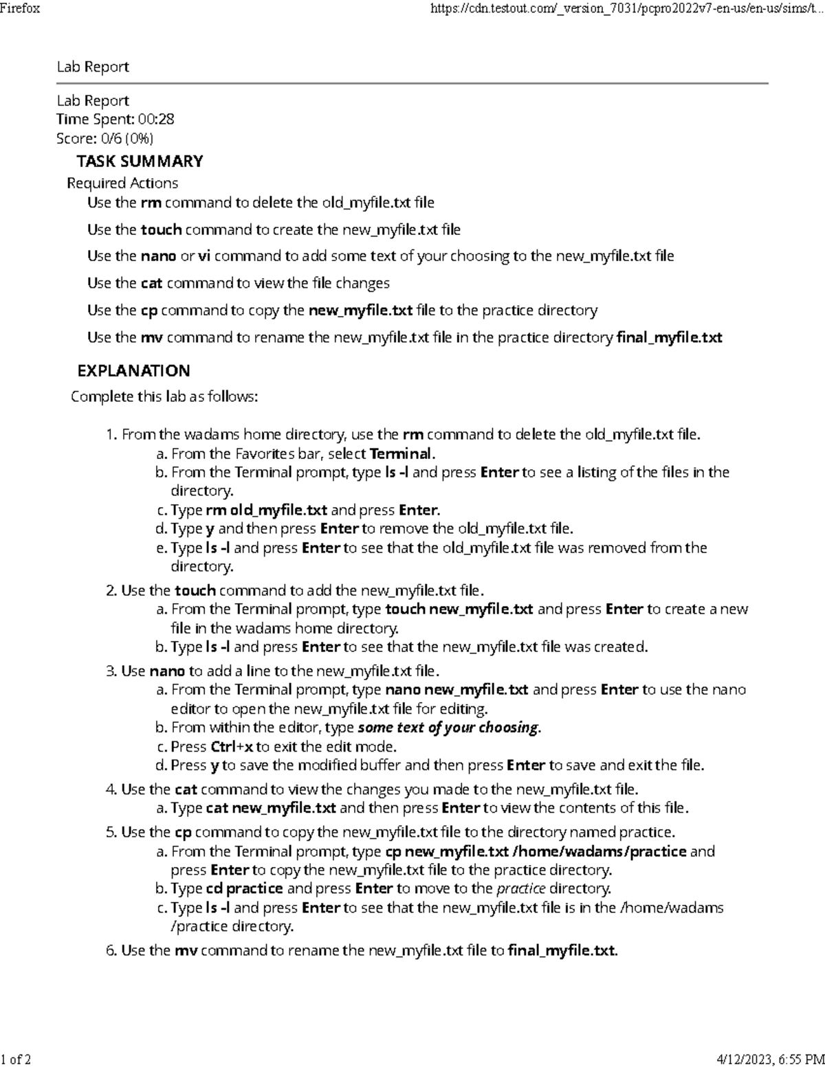 943 Use Shell Commands Lab Report Lab Report Time Spent 00 Score 06 0 Task Summary