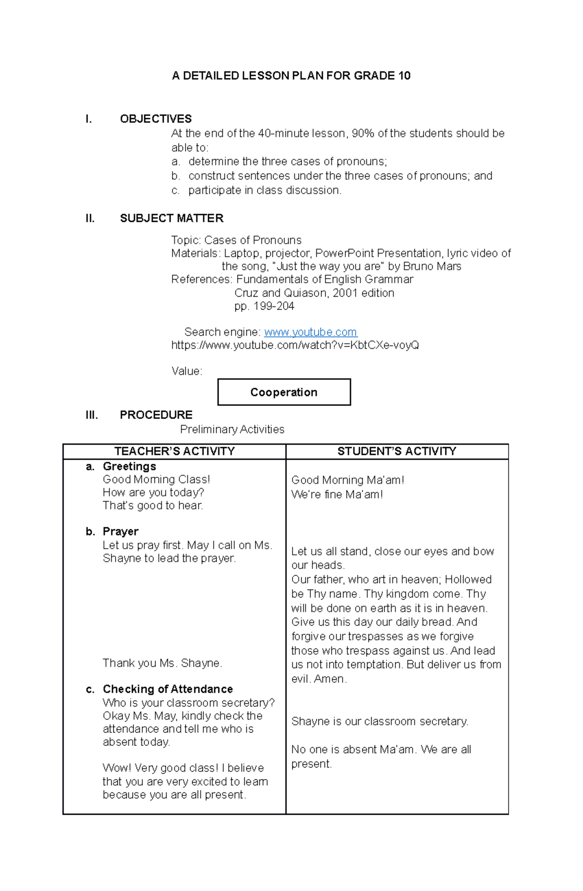 Grade 10 Lesson Plan: Understanding 4 Cases of Pronouns - Studocu