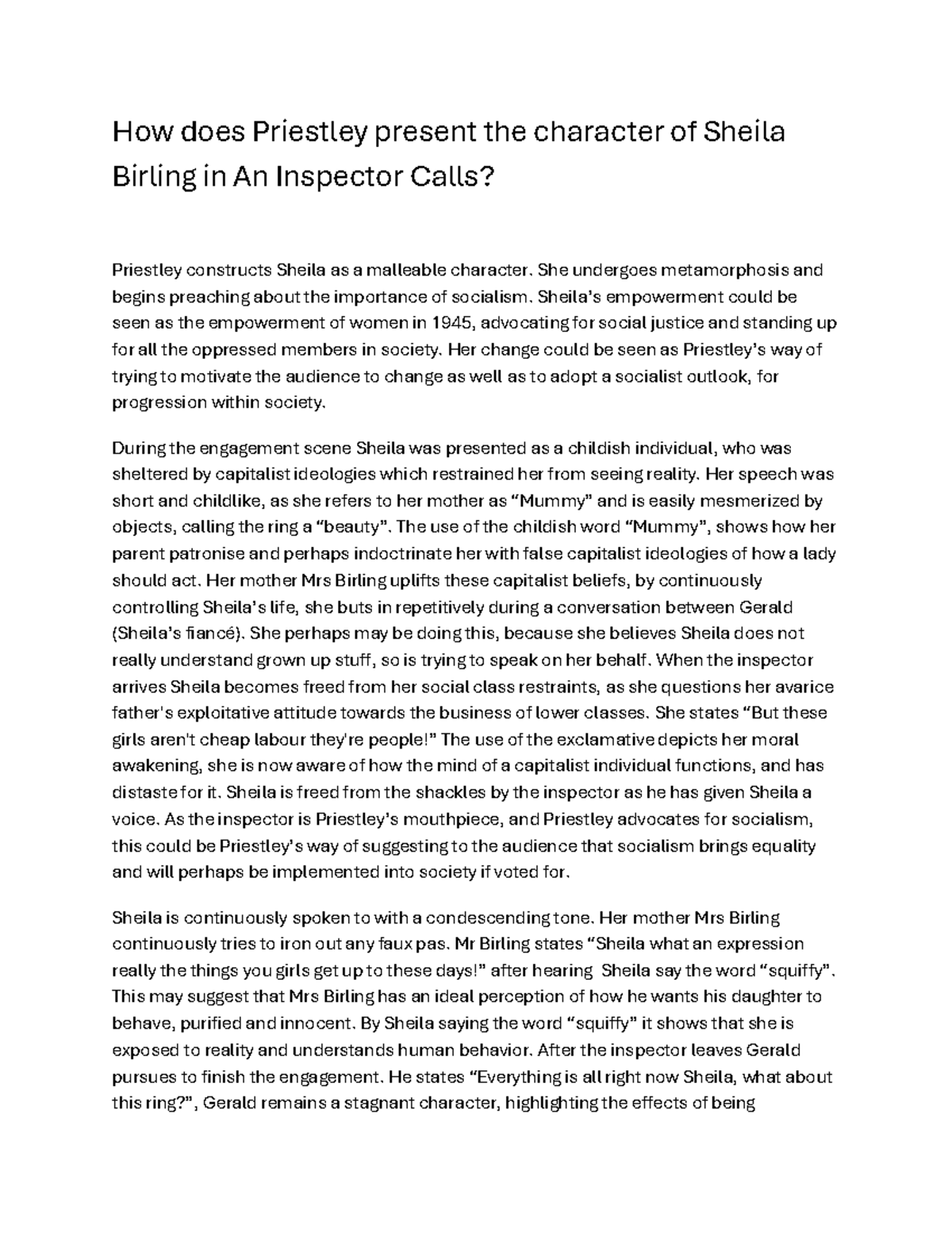 Sheila Birling's Transformation in An Inspector Calls - GCSE Essay ...