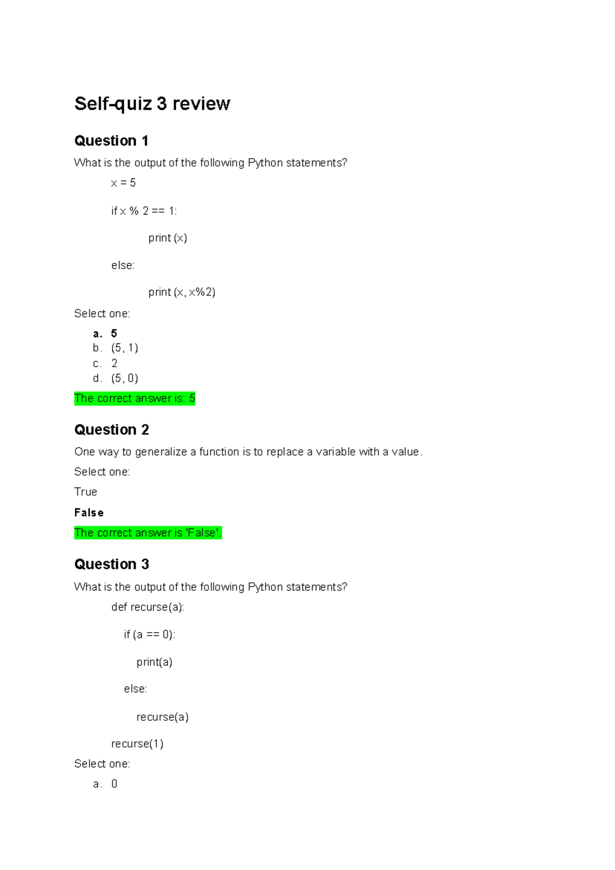 CS1101 Unit 3 Quiz - Self-quiz 3 review Question 1 What is the output ...