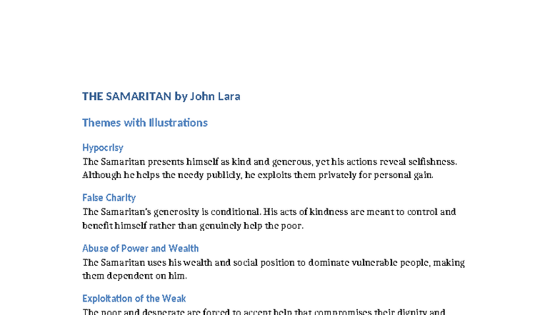 THE SAMARITAN (John Lara) Themes & Characters Analysis - Studocu