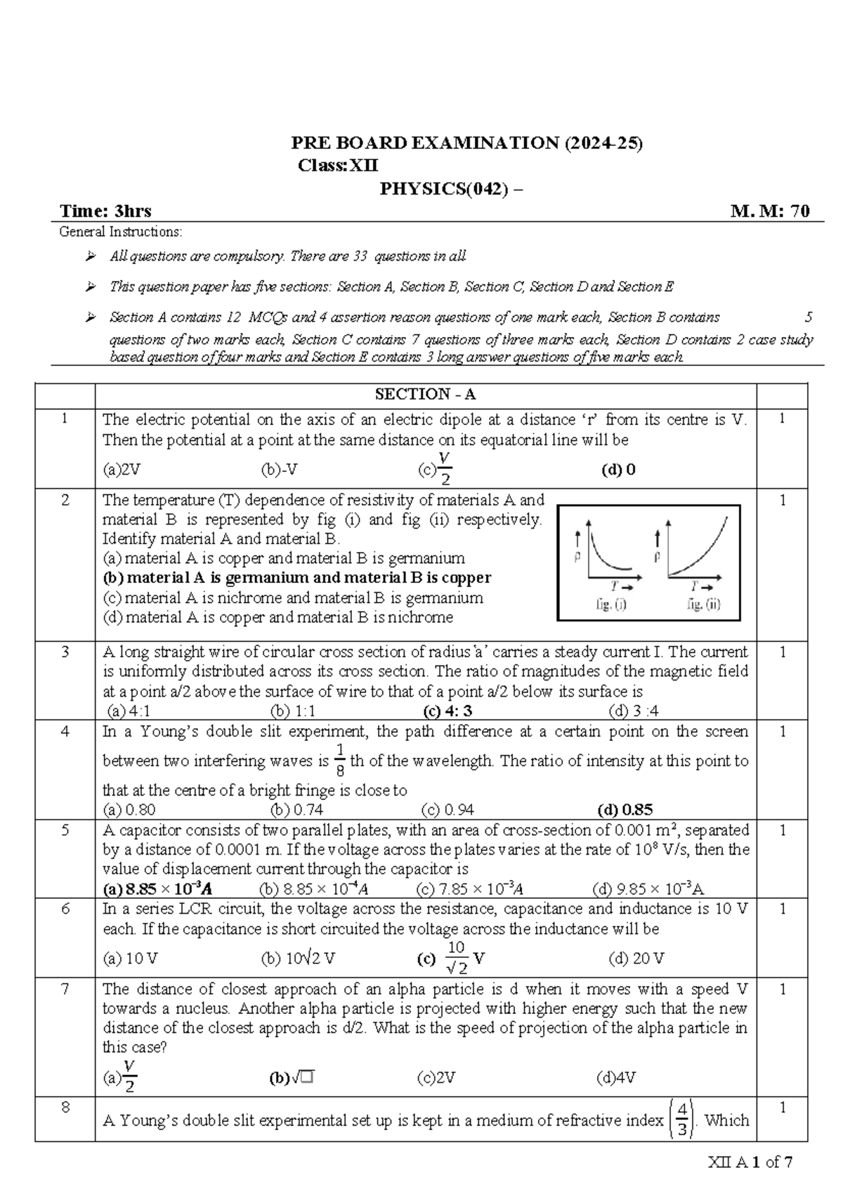 Pre Board Exam Paper: Class XII Physics (042) - Practice Questions - Studocu