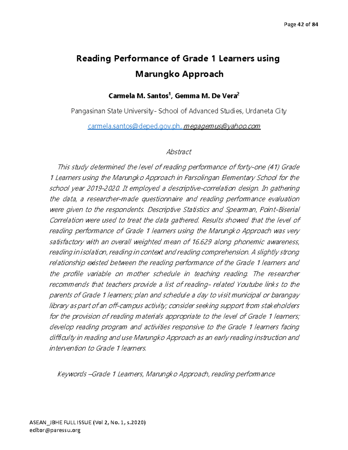 Marungko Approach for Grade 1 Reading Performance: A Study - Studocu