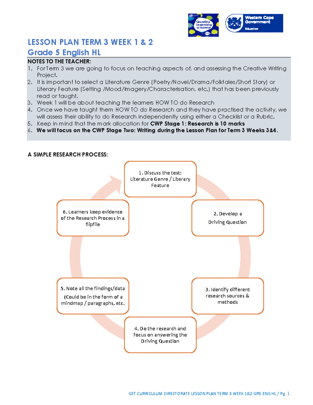 Grade 5 English HL Lesson Plan T3 Weeks 1 & 2: Focus on Research Skills ...