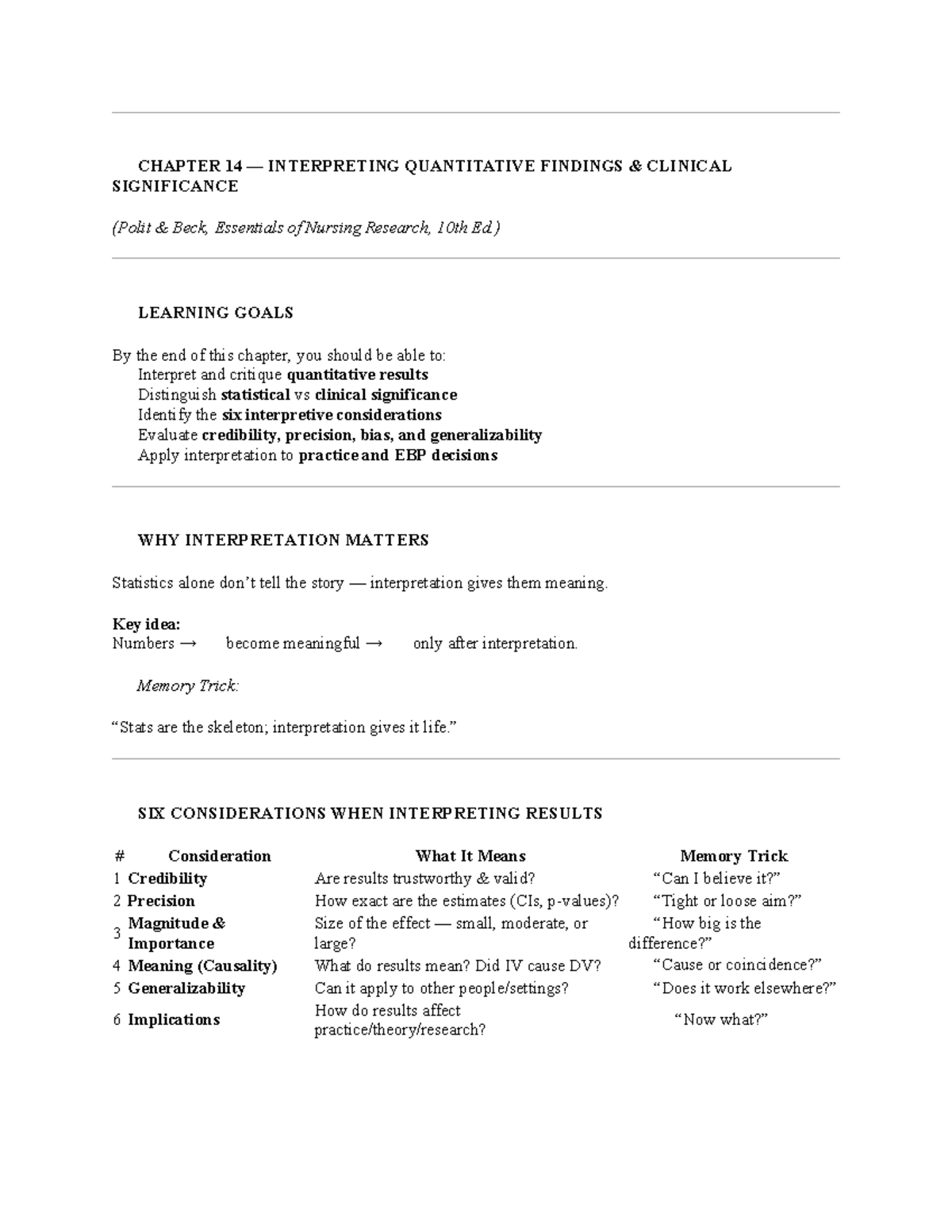 CH 14: Interpreting Quantitative Findings & Clinical Significance - Studocu