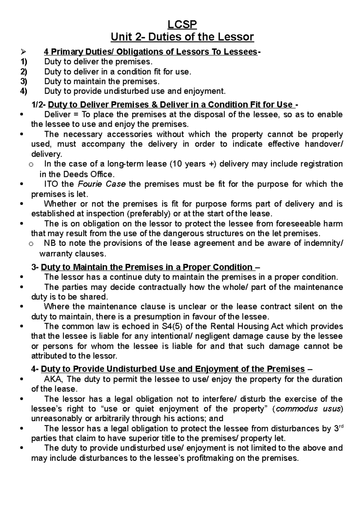 LCSP Unit 2: Responsibilities and Rights of Lessors to Lessees - Studocu