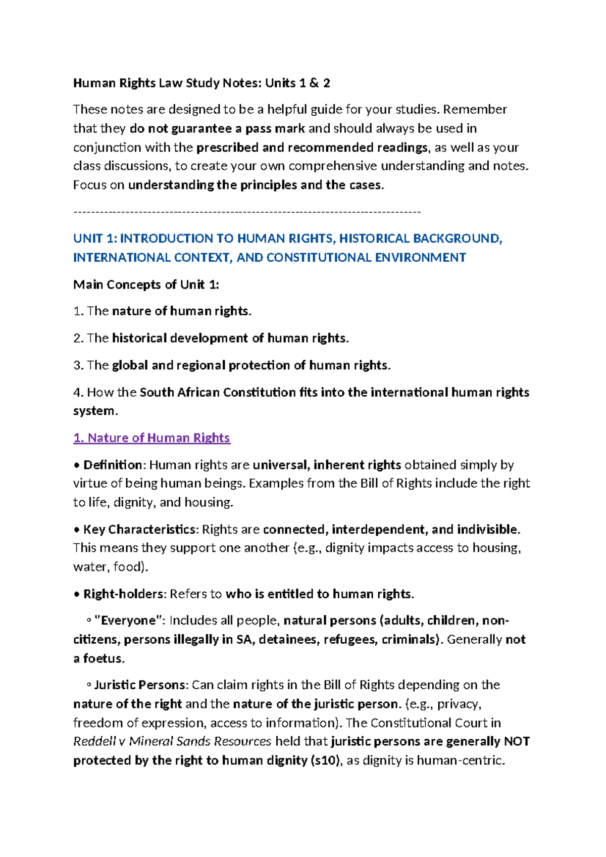 Human Rights Law Study Notes: Units 1 & 2 Overview - Studocu