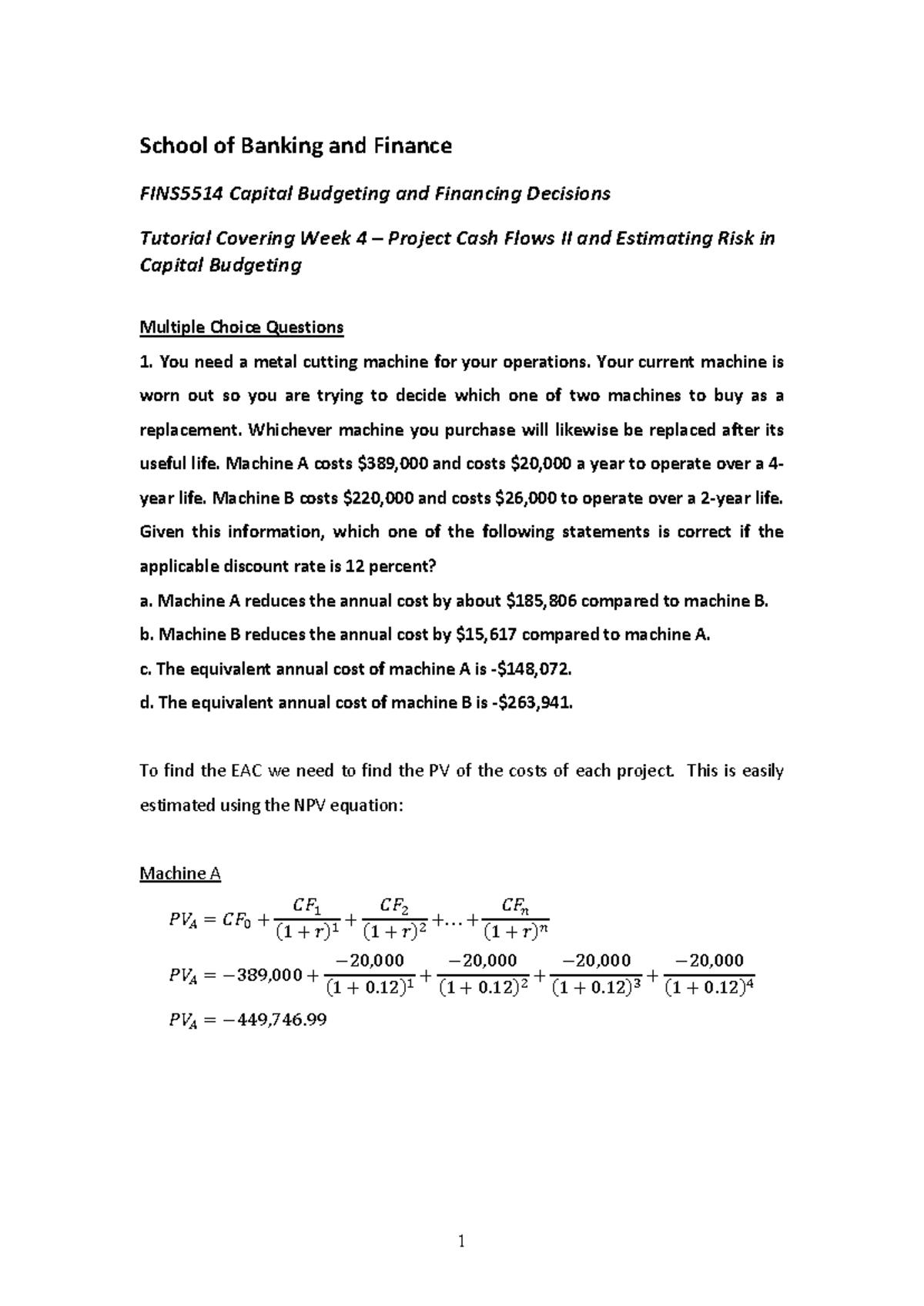Week 4 Answers - School of Banking and Finance FINS5514 Capital ...