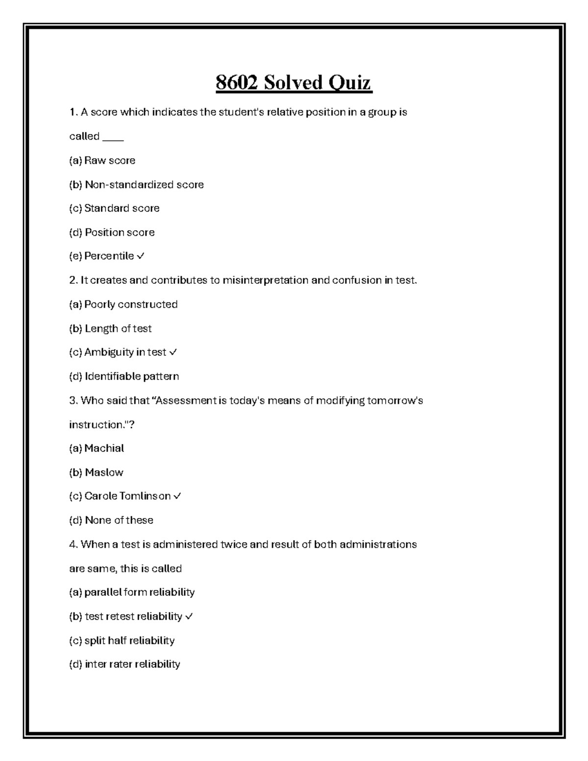 8602 Solved Quiz - Practice Questions and Answers for Review - Studocu