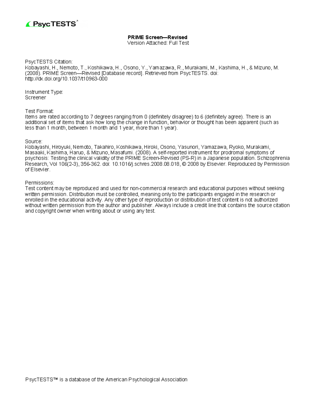 PRIME Screen-Revised for Psychosis: Full Test Document - Studocu