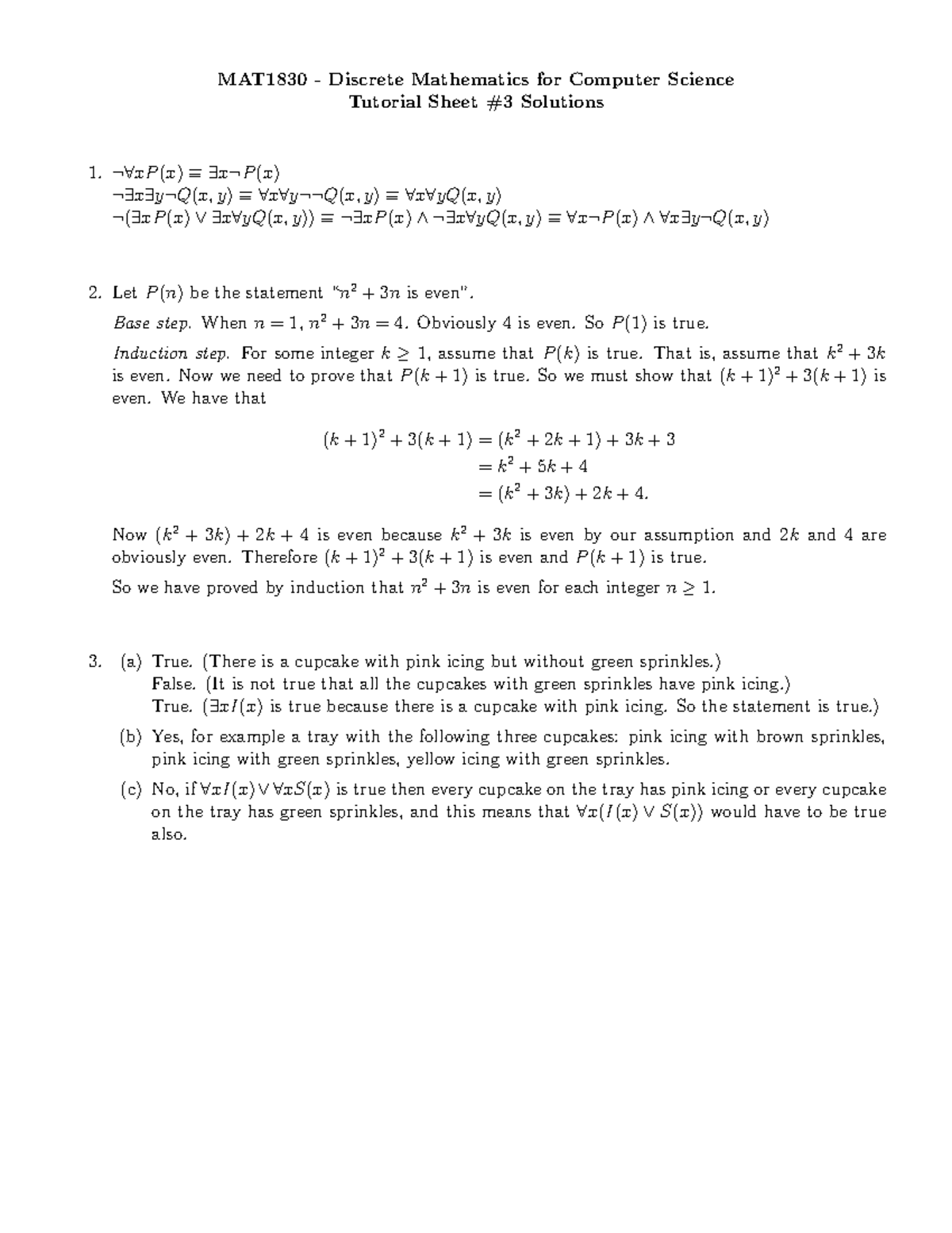 Tute3Solns - Tutorial Sheet Solution - MAT1830 - Discrete Mathematics for Computer Science ...