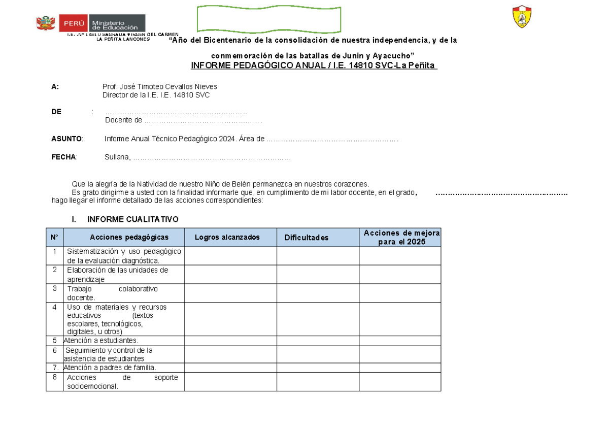 Informe Anual 2024 - ..... - I. .N° 14810 SAGRADA VIRGEN DEL CARMEN LA PEÑITA LANCONES “Año del ...