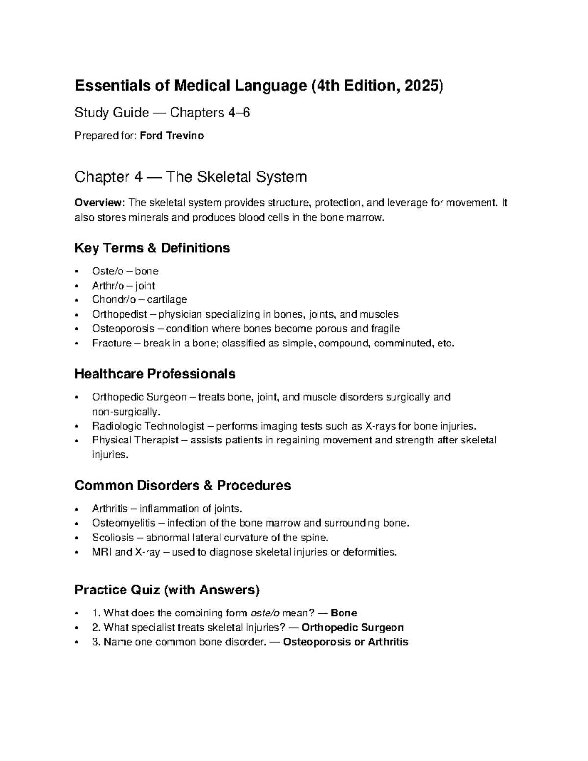 Essentials of Medical Language: Study Guide for Chapters 4-6 (2025 ...