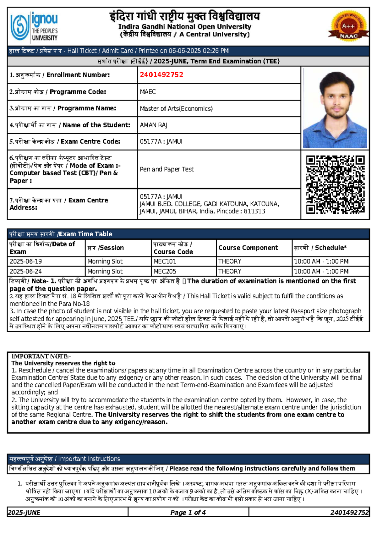 MAEC Term End Exam Admit Card for Aman Raj - Enrollment 2401492752 ...