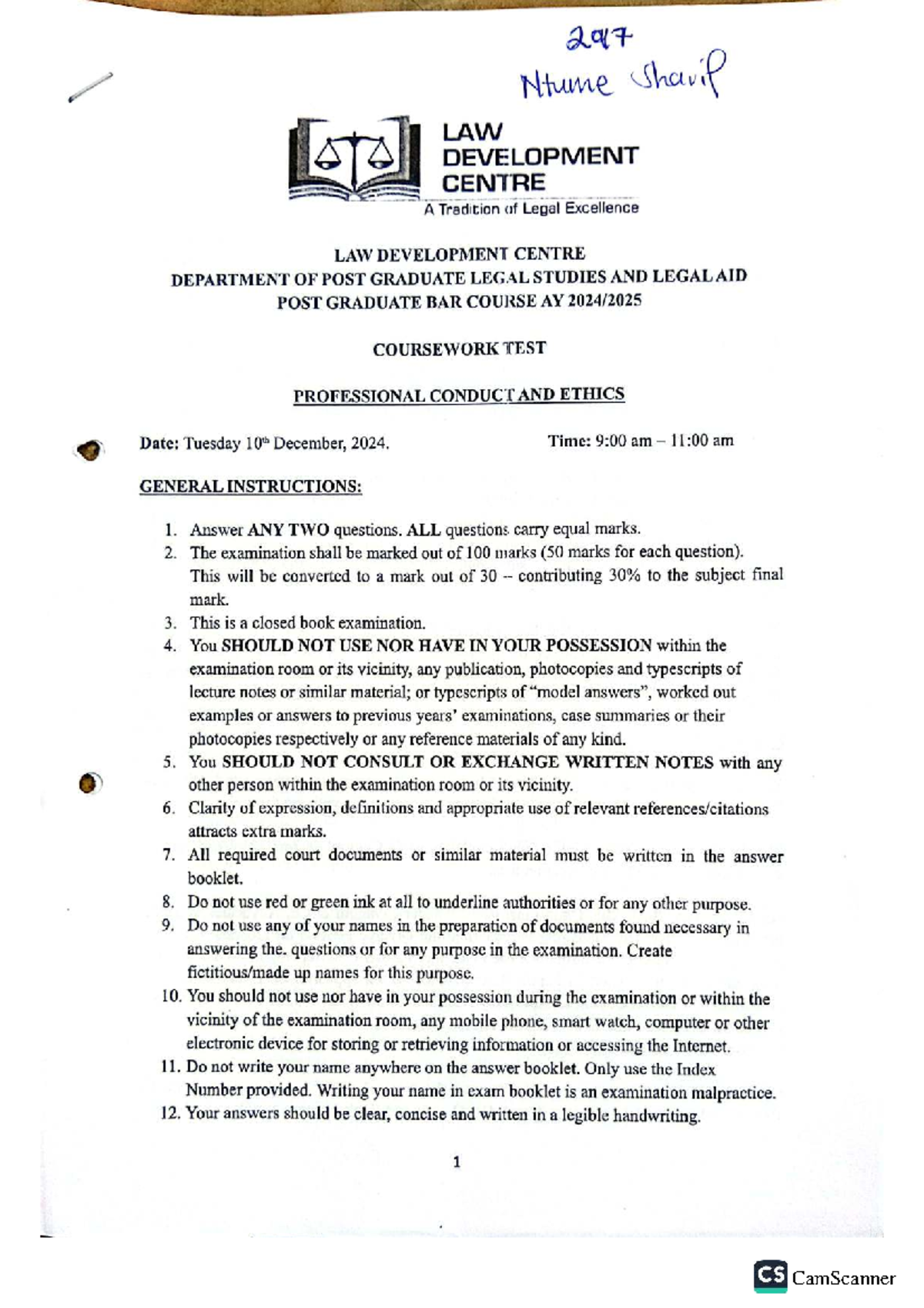 2917 LDC PG Legal Studies: Professional Conduct & Ethics Exam Paper ...