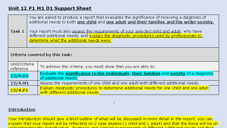 Unit 12 P1 M1 D1 Report on Diagnosing Additional Needs - Studocu