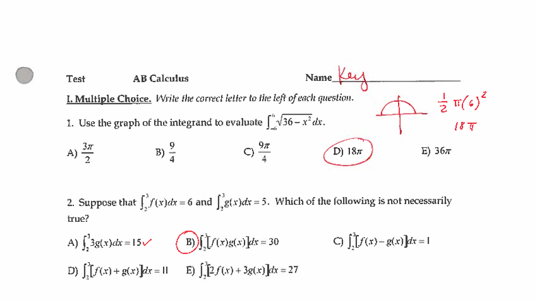Test AB Calculus (Doc231) - Multiple Choice Answer Key - Studocu